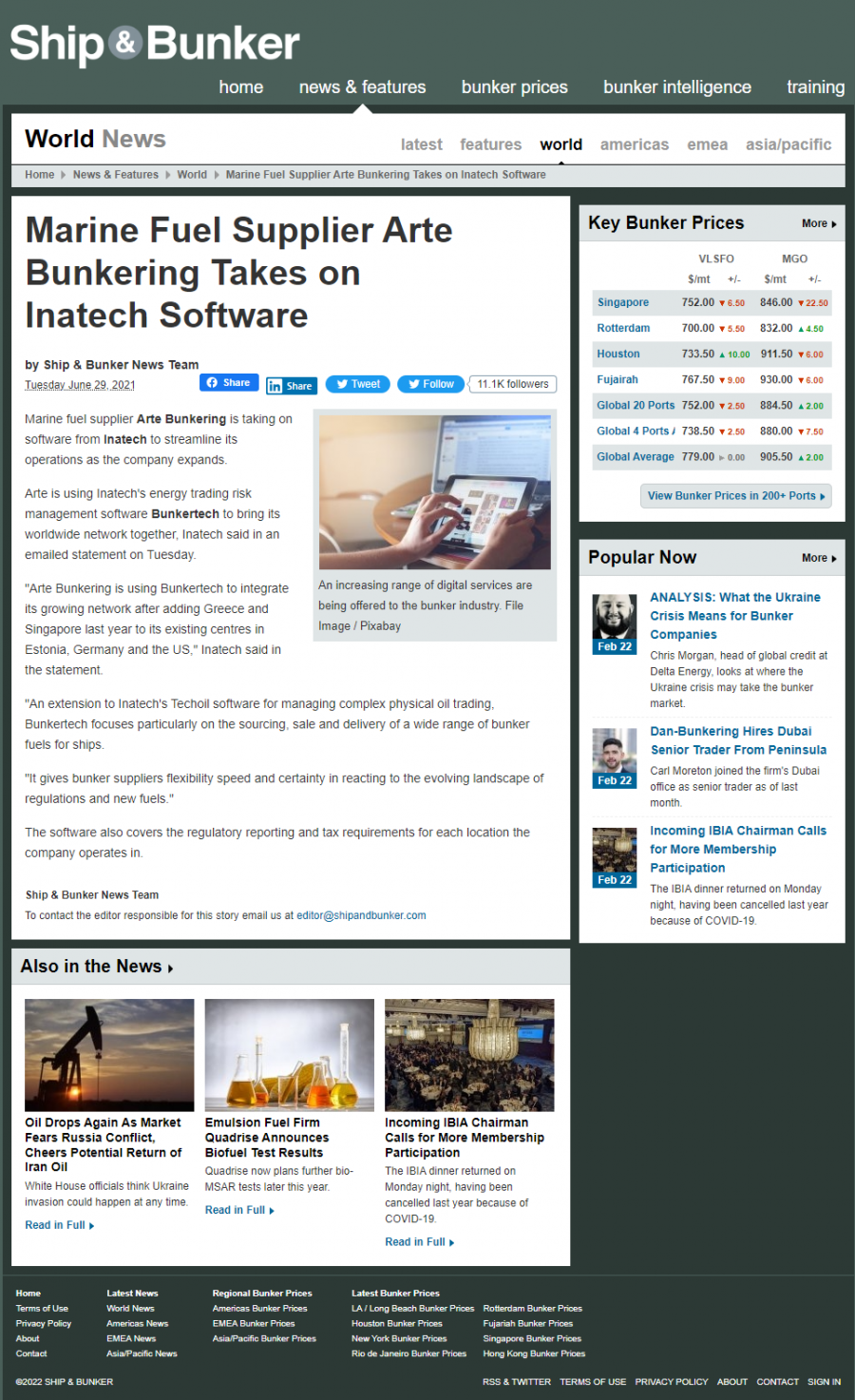 ARTE BUNKERING CONSOLIDATES GROWTH AROUND INATECH’S BUNKERTECH ETRM ...